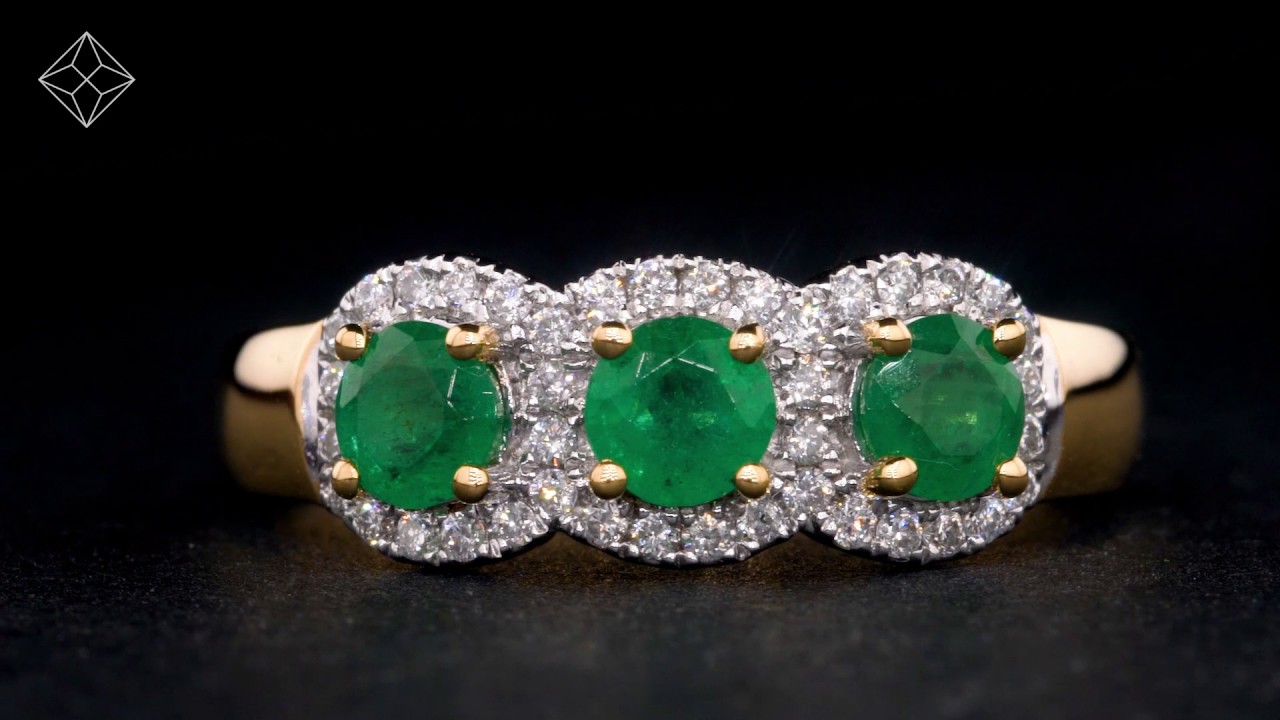EMERALD AND DIAMOND HALO TRILOGY RING IN 18K GOLD VERSION - ASTERIA COLLECTION - FT86 G - YouTube