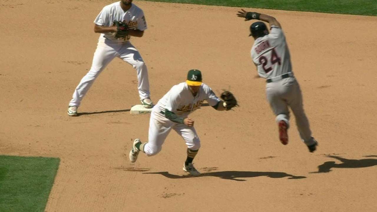 CLE@OAK: Bourn avoids tag to reach second base - YouTube