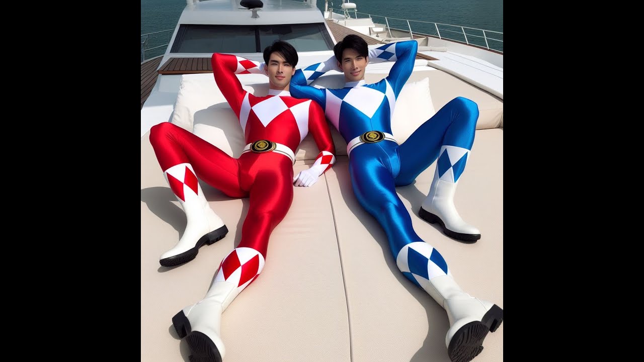 ハンサムな筋肉質 戦隊赤レンジャーと青レンジャーがヨットで遊ぶ AI画像 Handsome muscular sentai power ...