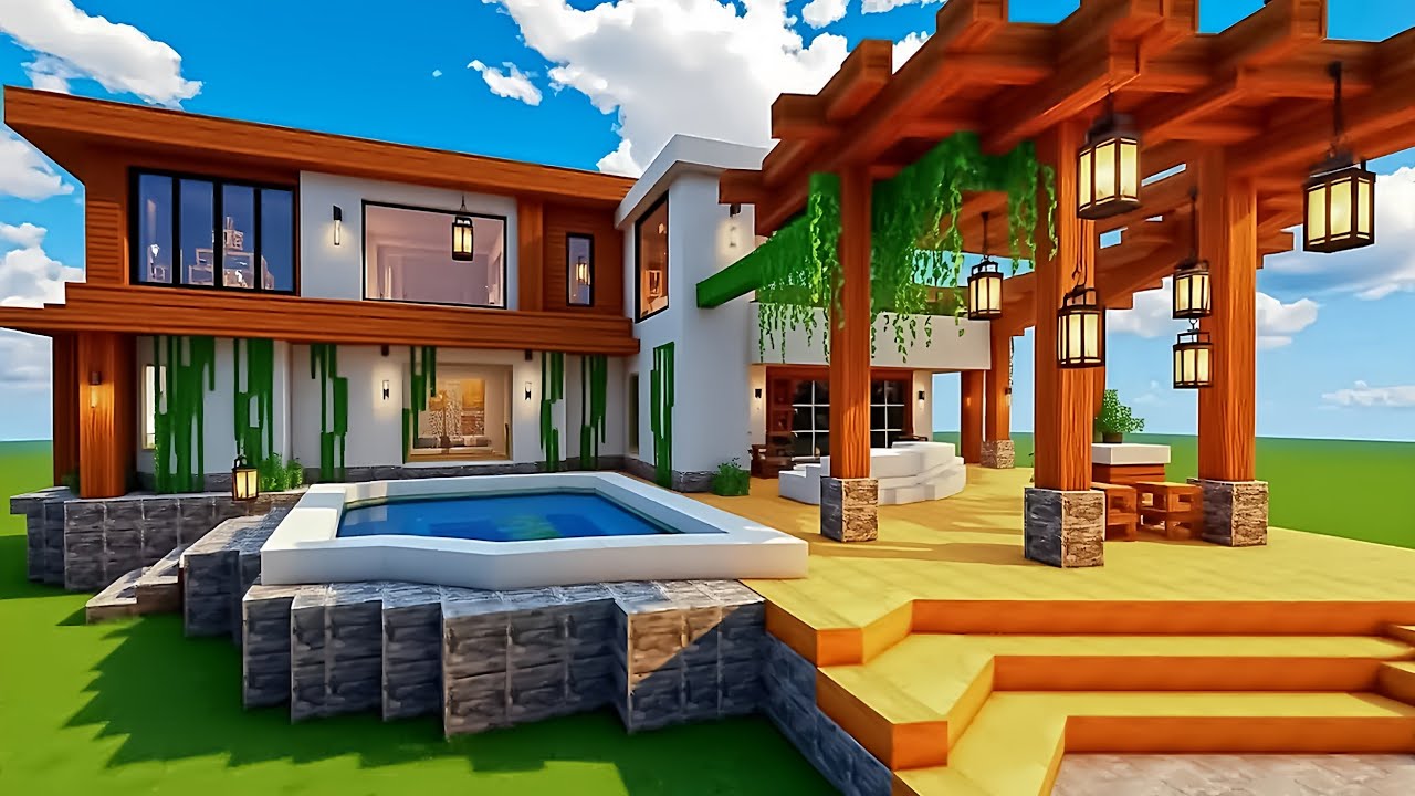 "Minecraft Modern Mansion with Pool & Garden - Step-by-Step Guide ...