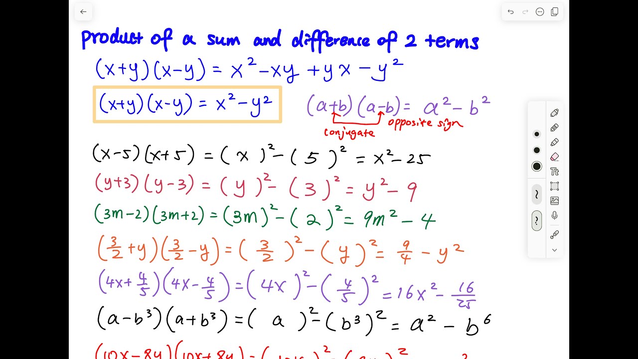 4.6: Product of a Sum and Difference of 2 Terms (a+b)(a-b) - YouTube