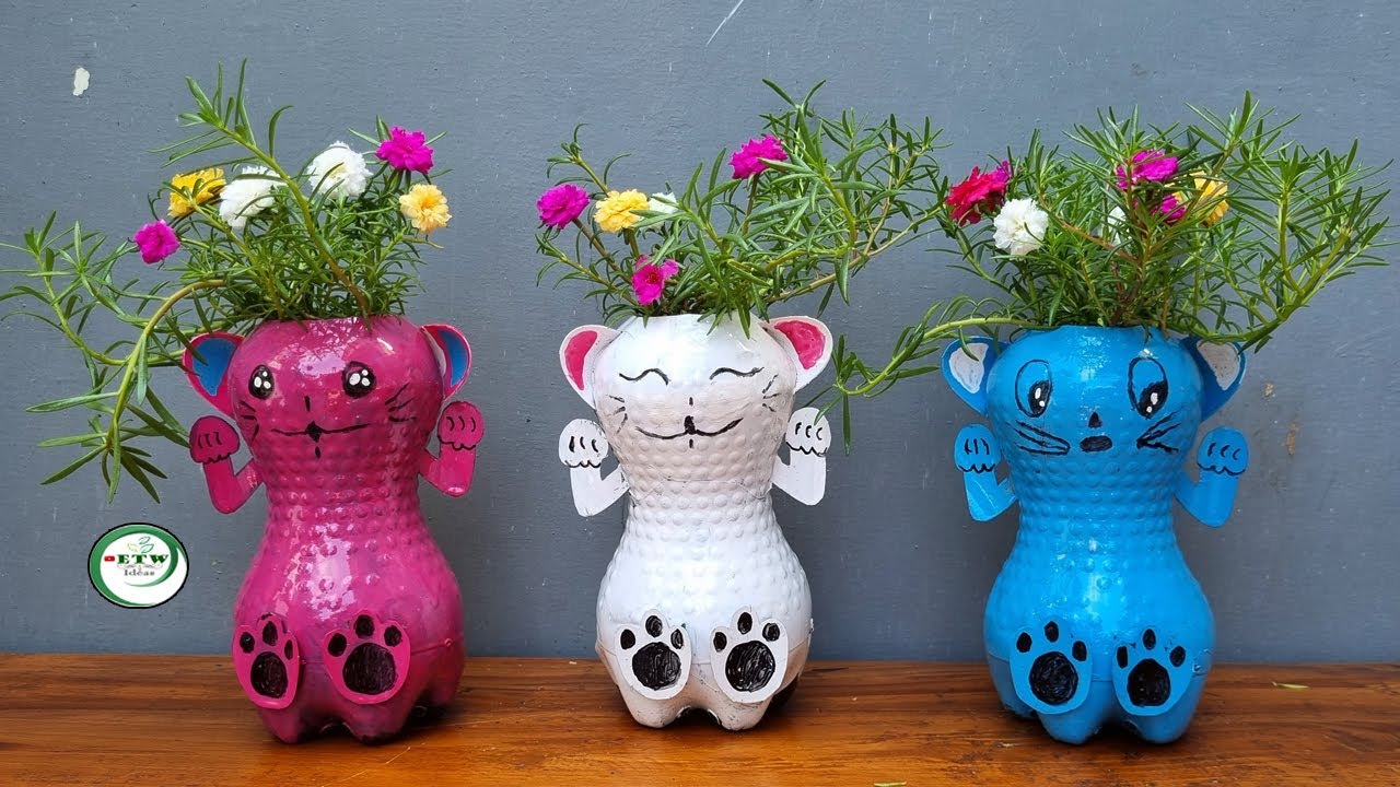 Diy Garden Ideas | Recycle Plastic Bottles into Cats Flower Pots For ...