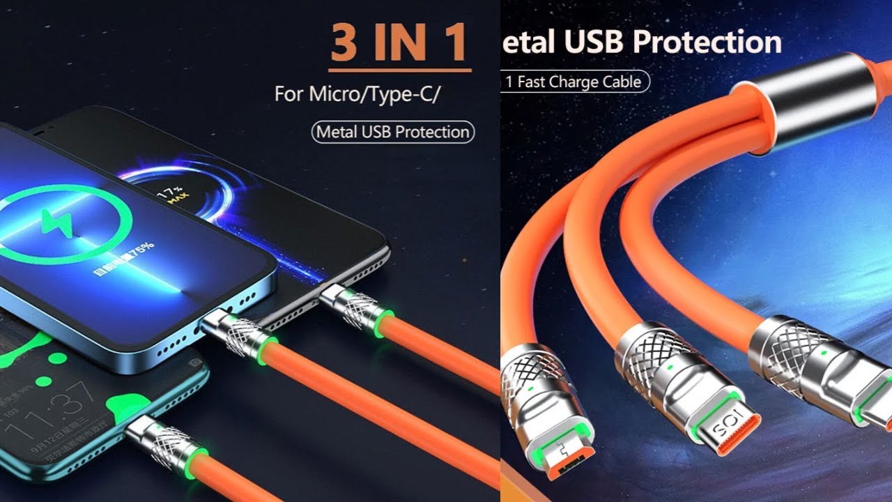 3 IN 1 Charging Cable 120W 6A Super Fast Charger USB Protecetion For ...