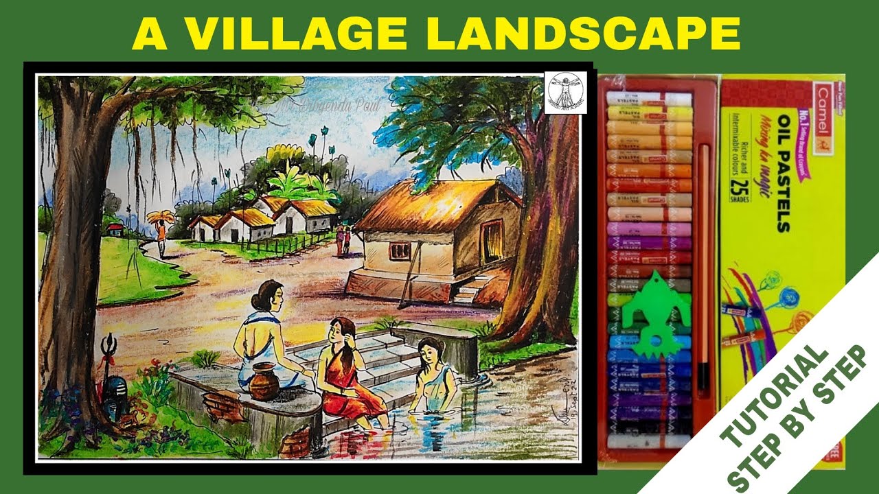 Scenery Drawing of beautiful Village landscape with oil pastels / Easy ...