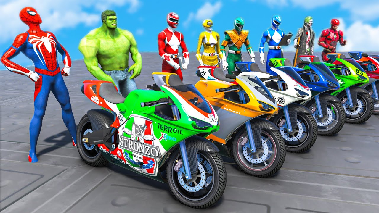 SPIDERMAN & POWER RANGERS w/ ALL SUPERHEROES Racing Motorcycles Event ...