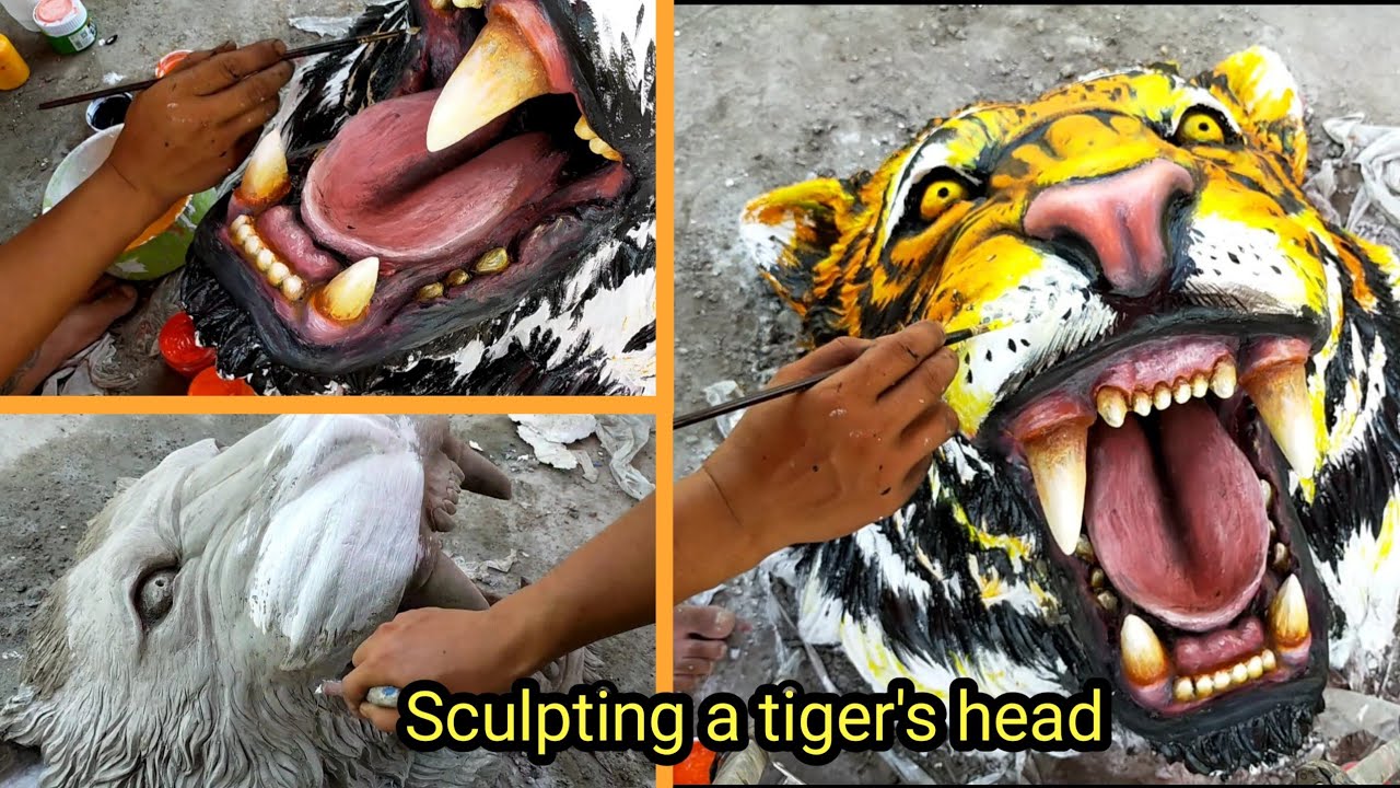 Sculpting a tiger's head cement material,ປັ້ນຫົວເສືອດ້ວຍປູນຊີເມັນ|# งาน ...