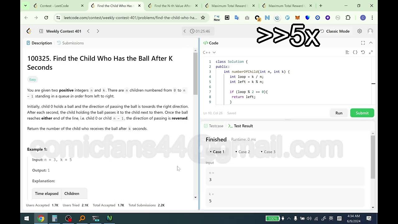 leetcode contest 401 3178. Find the Child Who Has the Ball After K ...