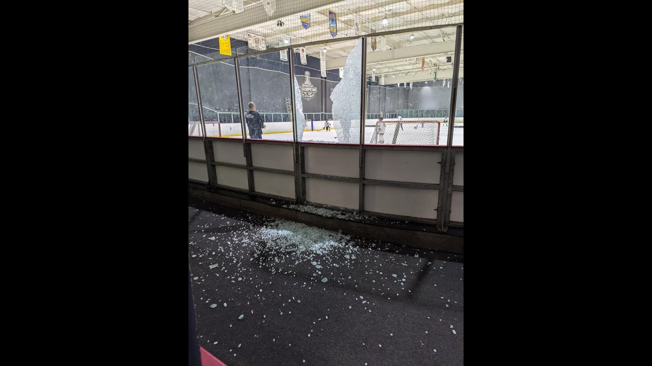 Slapshot breaks glass at Riverside Icetown Puck Play - YouTube