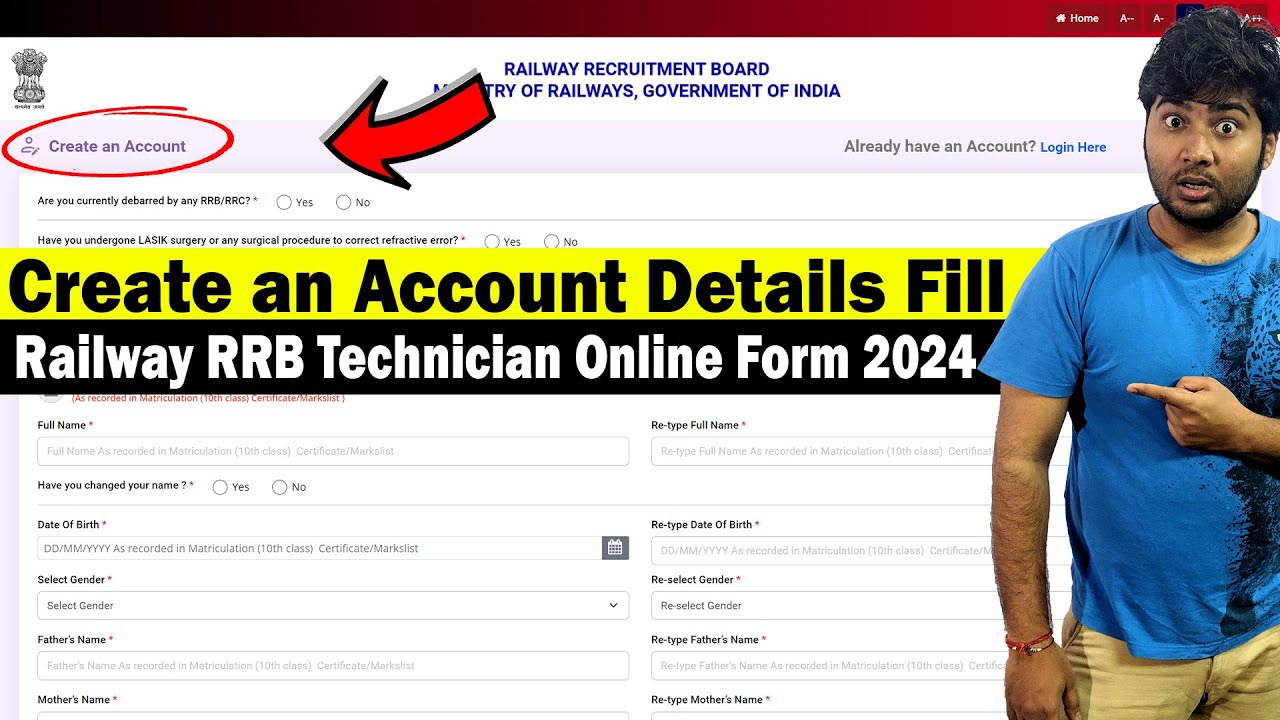 'Create an Account' Details Fill in Railway RRB Technician Online Form ...