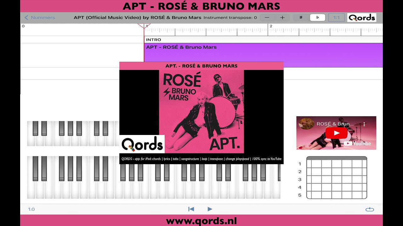 APT - Rosé ( BLACKPINK ) & Bruno Mars; Play Along Video, chords, lyrics, tabs. QORDS , qords_app ...