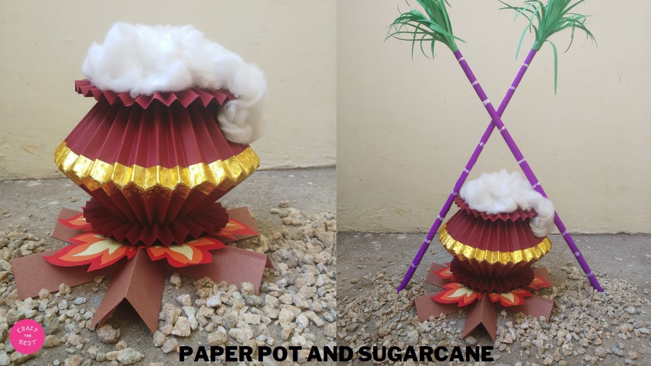 DIY Pongal Pot and Sugarcane Using Paper | Pongal Decoration Ideas ...