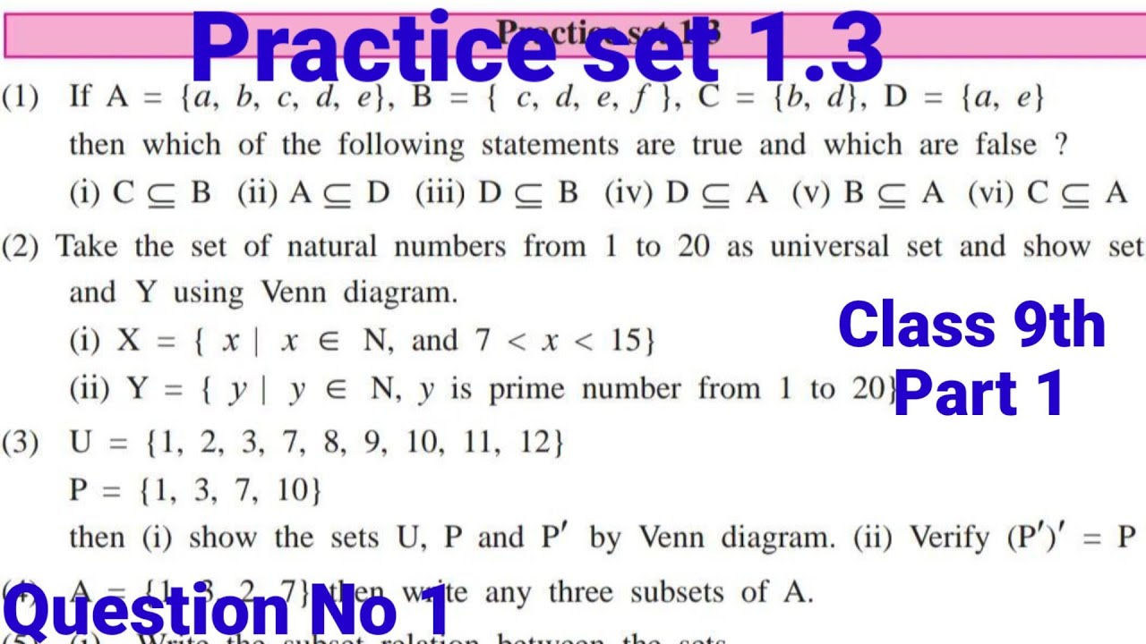 Practice set 1.3 Class 9th | Chapter 1. Sets | Question No 1 ...