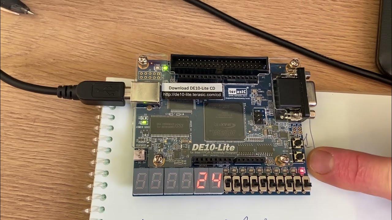 4bit computer on DE10Lite FPGA implementing 2 bit counter stepping by debounced push button VHDL ...