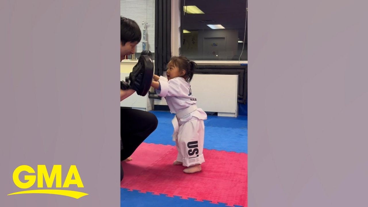 Toddler learns taekwondo from dad in adorable training sessions - YouTube