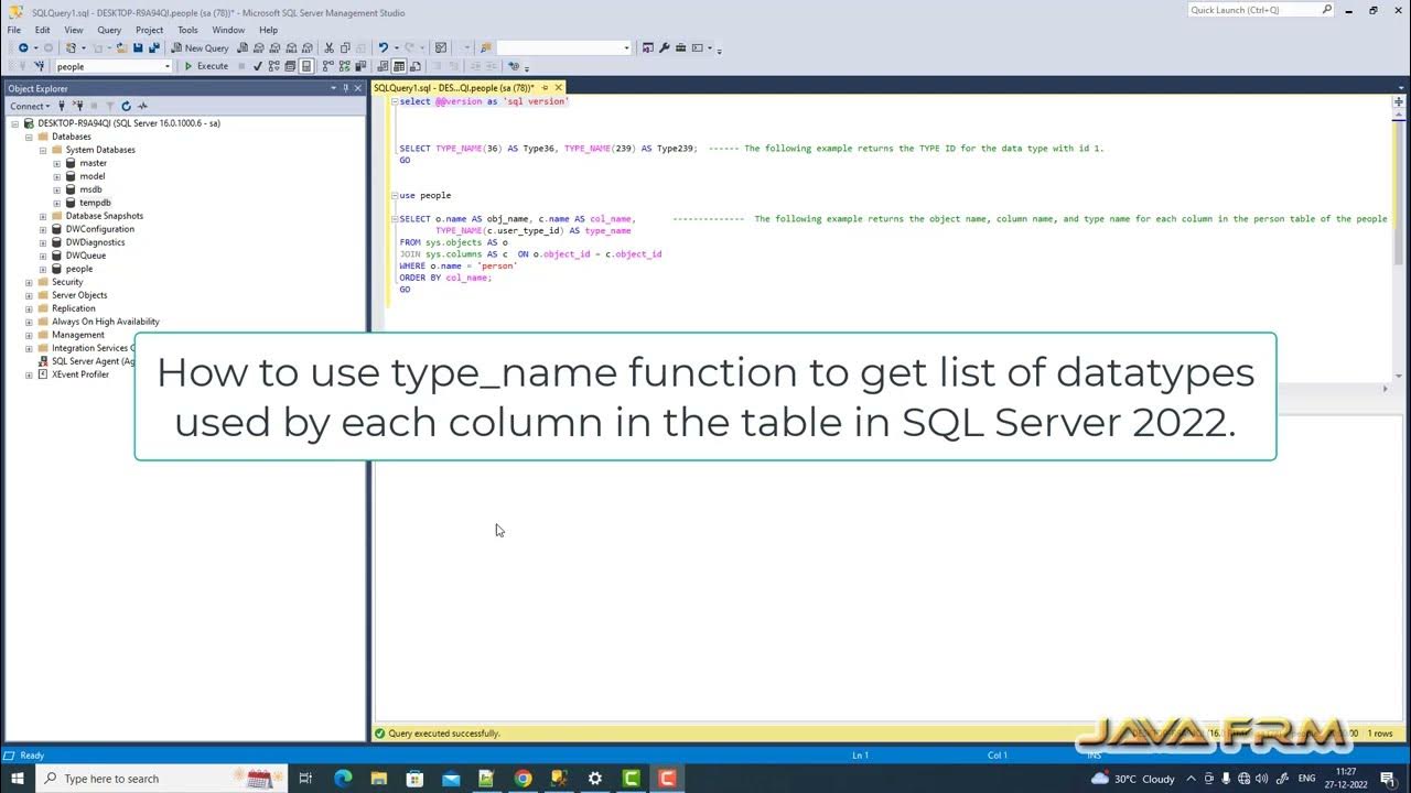 How To Use Typename Function To Get The List Of Datatypes Used By Each Column In Sql Server