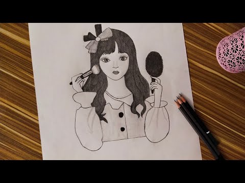 How to draw a Beautiful Girl with Makeup Brush And Mirror // Pencil sketch drawing step by step