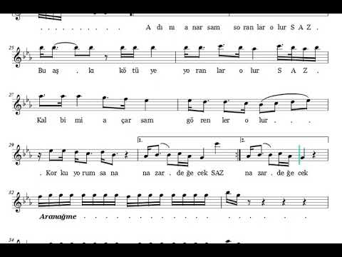 Korkuyorum Sana Nazar Değecek - Nota Eşliğinde Karaoke (Ahenk: Kız Neyi - 4 Ses - A)