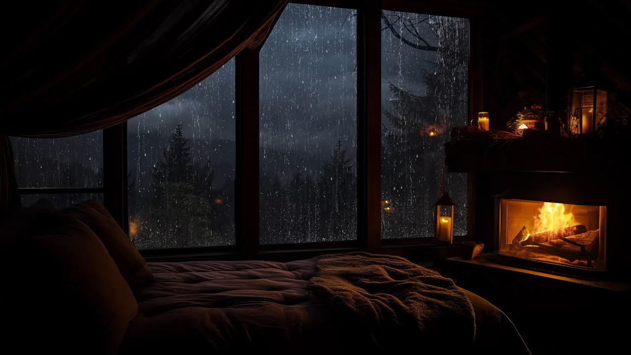 Inside Bedroom Ambience on Heavy Rainy Day | Rain on window and ...