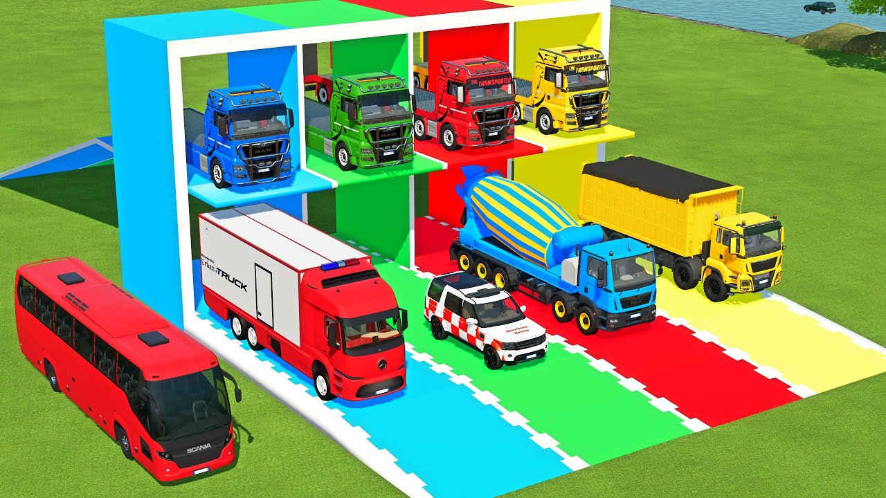 TRANSPORTING EXCAVATOR, BOX TRUCK, BULLDOZER, FIRE TRUCK TO GARAGE WITH ...