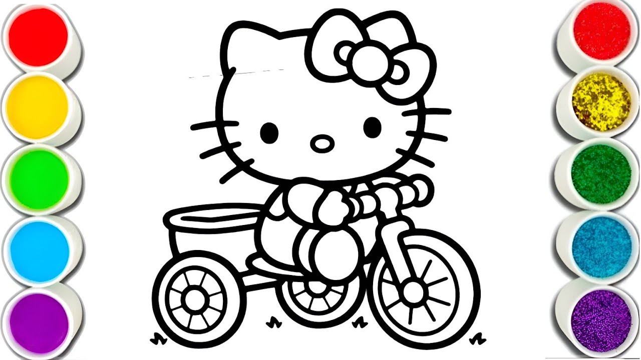 Hello Kitty is riding Cycle Drawing, Painting and Colouring for Kids ...