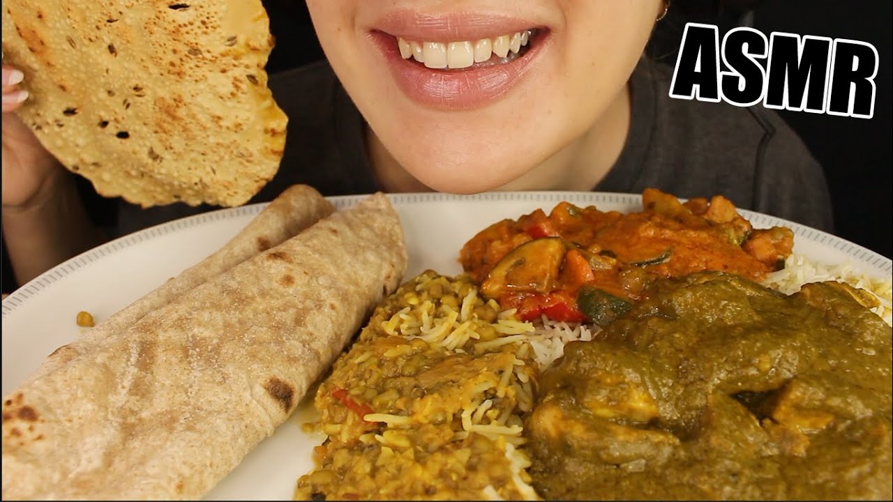 ASMR INDIAN FOOD PLATTER MIXED CURRY + ROTI | MUKBANG EATING SOUNDS No ...