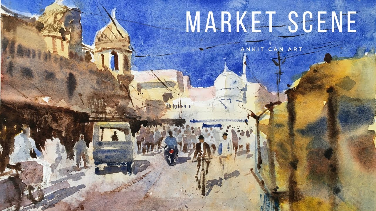 watercolor market scene painting on cartridge sheet - YouTube