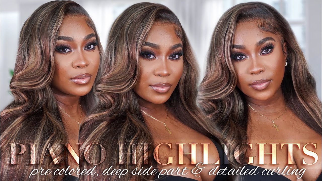🥰 Piano highlight wig install w/ deep side part + detailed curling ...