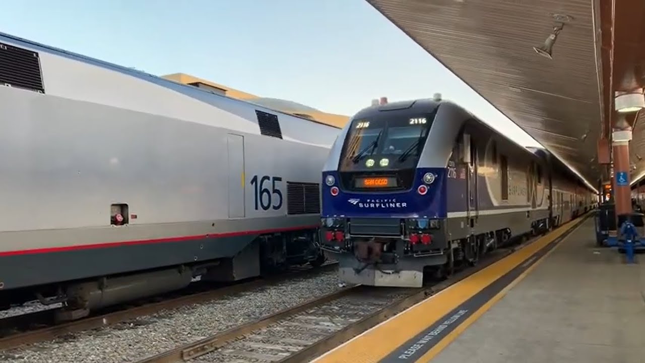 Amtrak Pacific Surfliner bi-levels w/ SC-44 Charger 2116, Cross Country ...