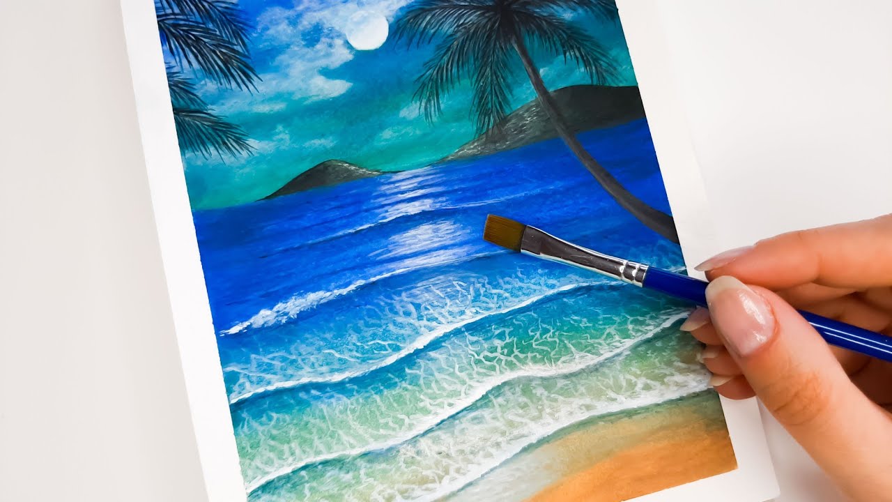 Night Beach Painting | Acrylic Painting For Beginners | Step by Step ...