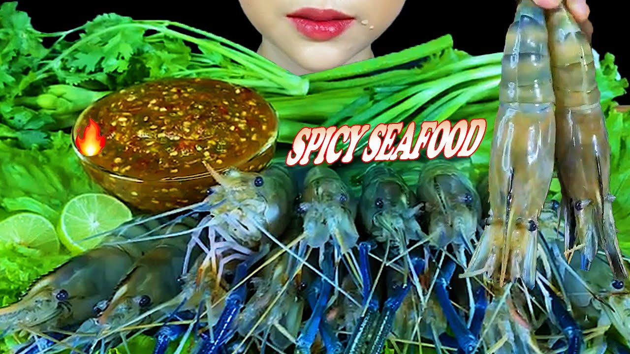 MUKBANG EATING RAW SEAFOOD||RAW PRAWN & SPICY THAI GREEN CHILI SAUCE ...