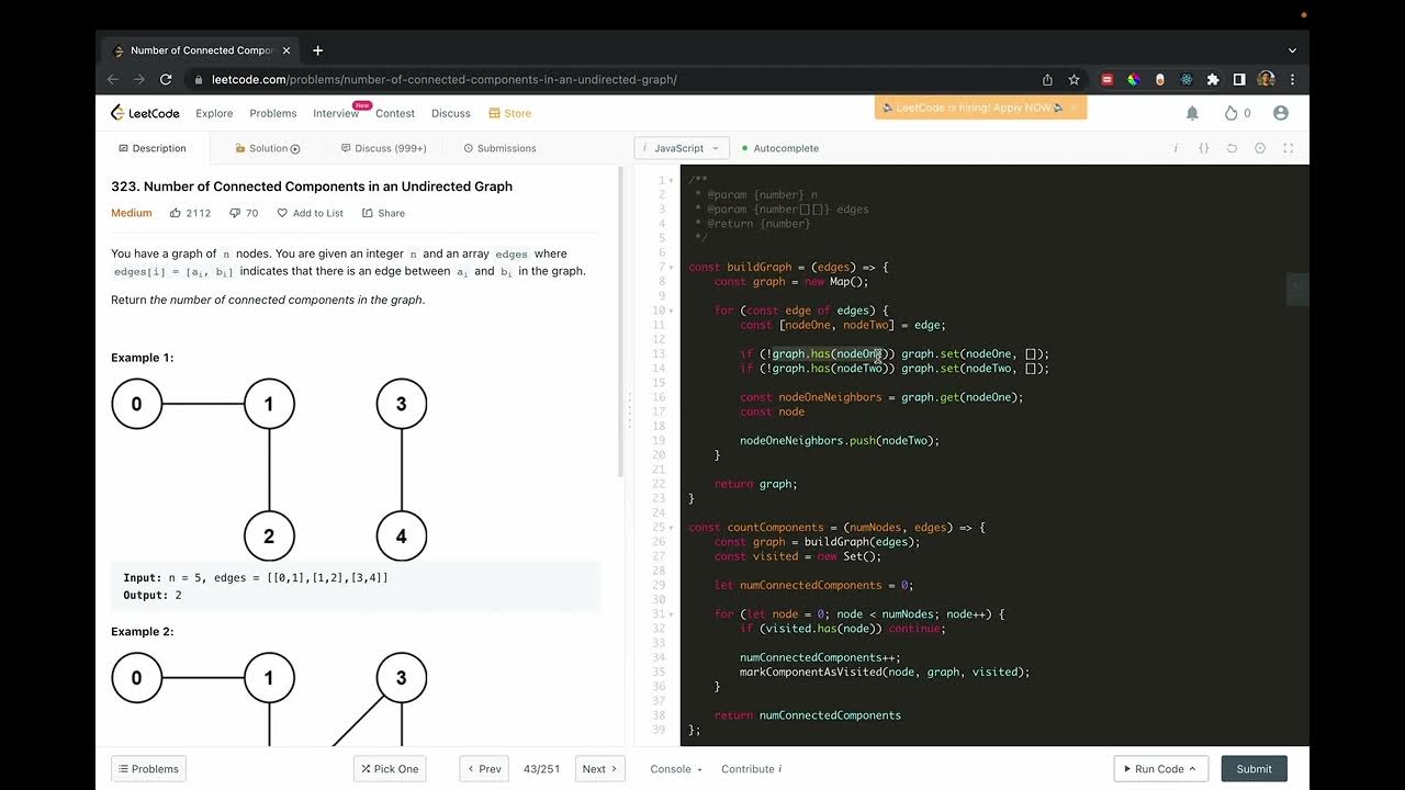 Number of connected components in an undirected graph (DFS) - JavaScript - YouTube
