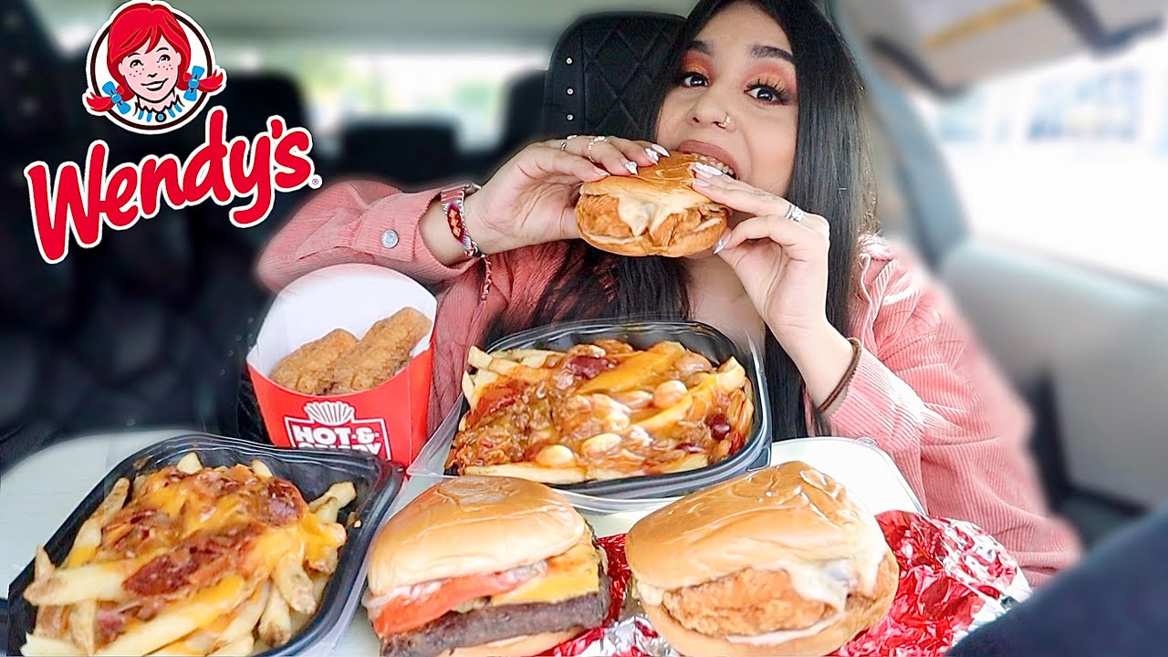WENDYS MUKBANG! NEW Spicy Hot Honey Chicken Sandwich, Daves Single Burger, Baconator Fries ...
