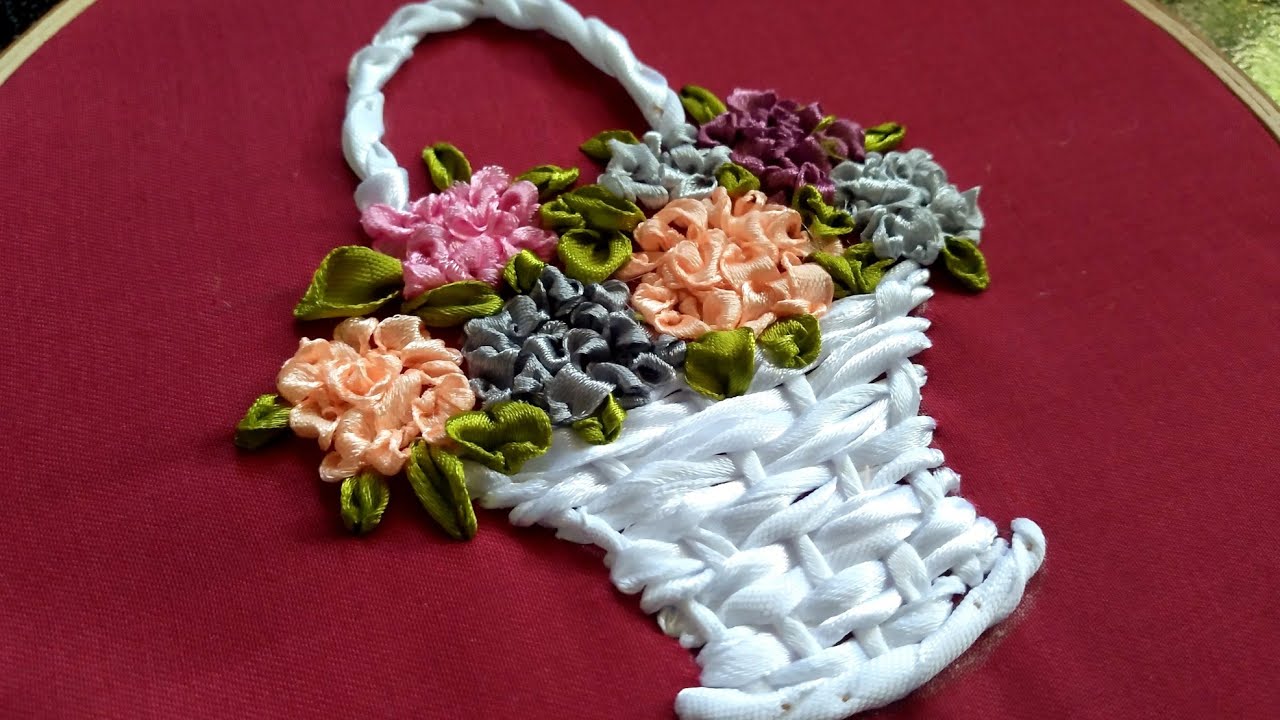 Tutorial sulam pita Bunga dalam keranjang teknik mudah| Amazing ribbon ...