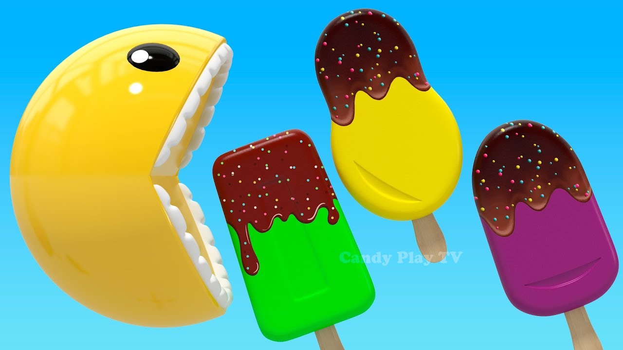 Learning Colors with 3D Pacman Popsicles Ice Cream Lollipop For Kids ...