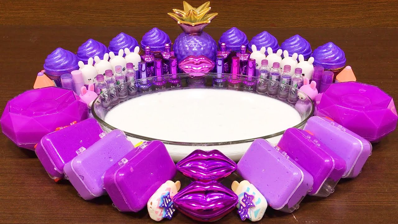 PURPLE Slime!!Mixing FLOAM, CLAY, MAKEUP and MORE into GLOSSY SLIME ...