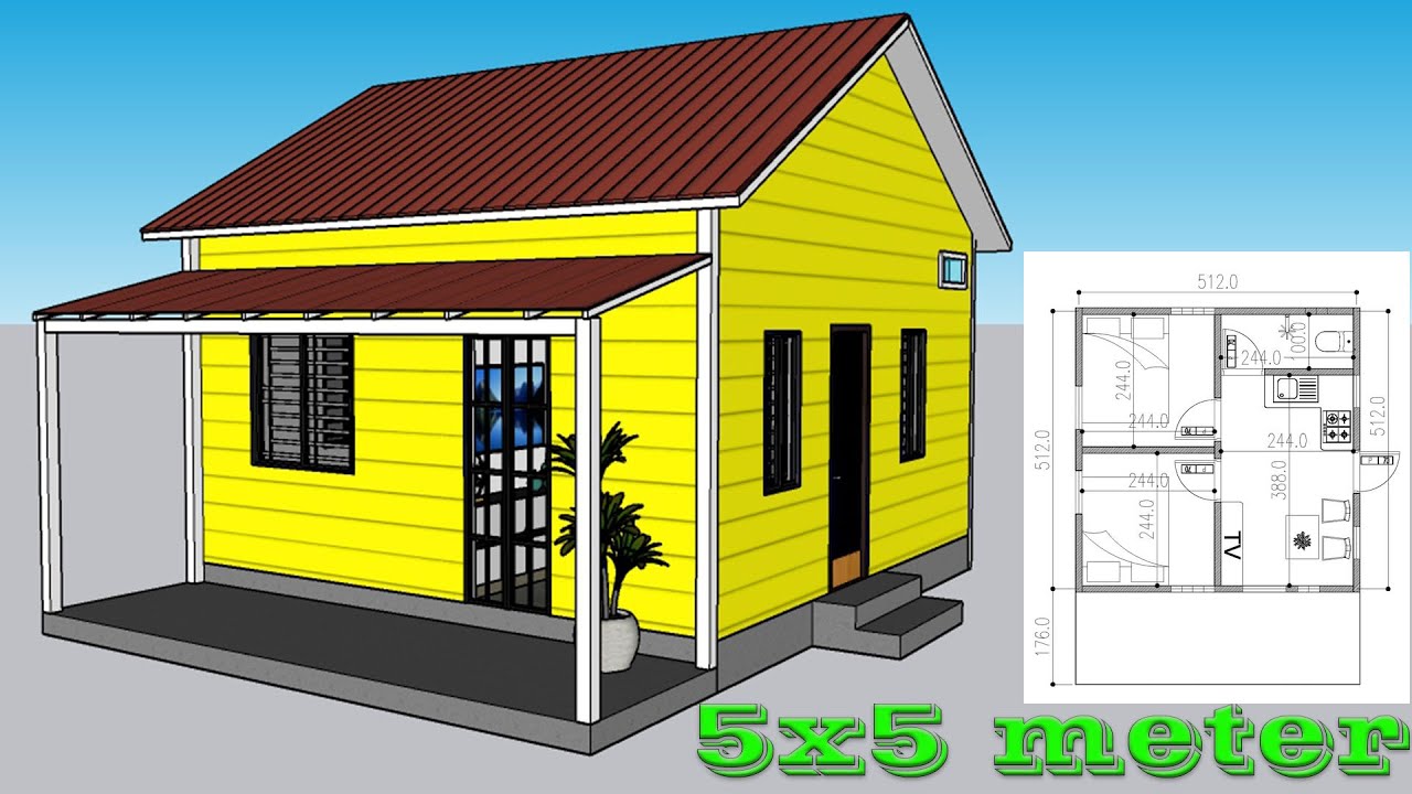 2 Bedroom With Veranda Small House 5x5 meter Design - YouTube
