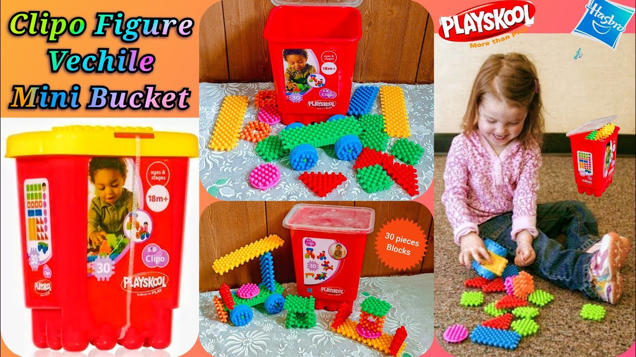 Hasbro Playskool Clipo Vehicle Mini 30 Pieces Figure+ Blocks Bucket ...