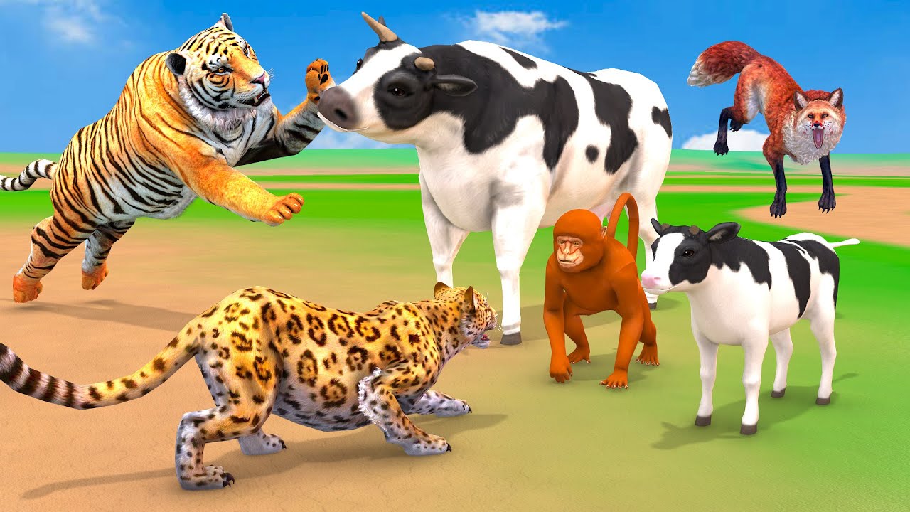 Giant Tiger Attacks Cow Cartoon Fight Saved By The Big Bull Elephant VS ...