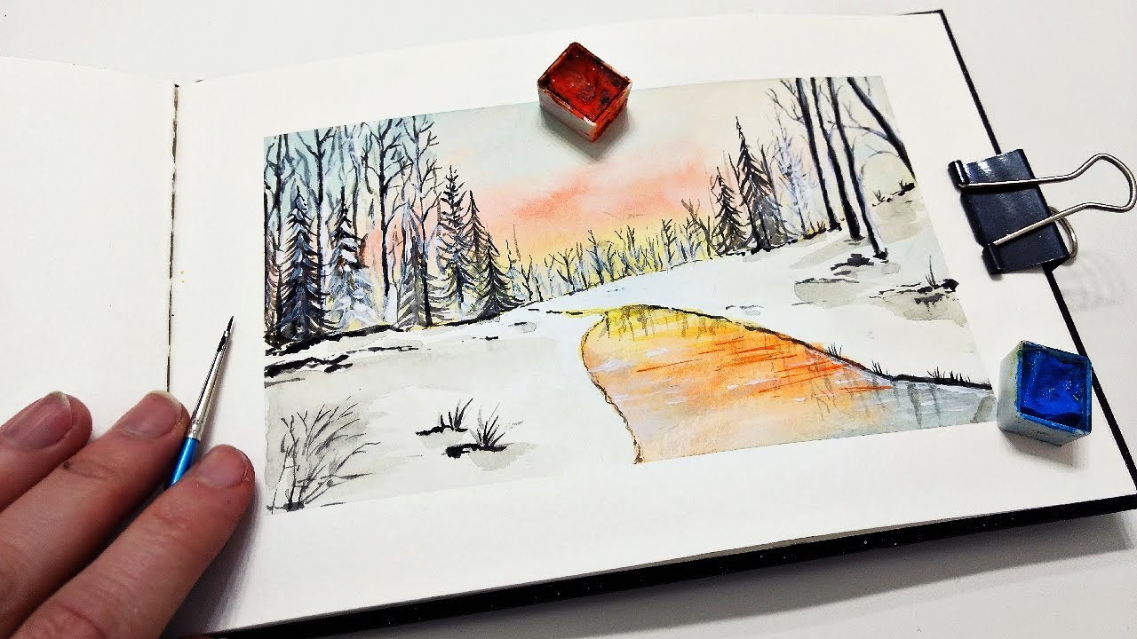REAL TIME frozen winter landscape tutorial » Step by step watercolor ...