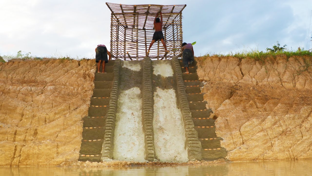 Build Underground Twin Bamboo Water Slide With Beautiful Mud Tiny House ...