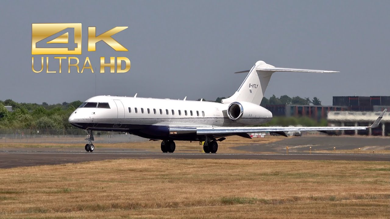 (4K) Bombardier Global 6000 Gama Aviation G-VTLY departure Farnborough ...