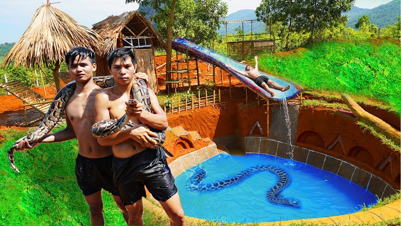Primitive Survival 4K Video - Build PYTHON House & Water Slide Swimming ...