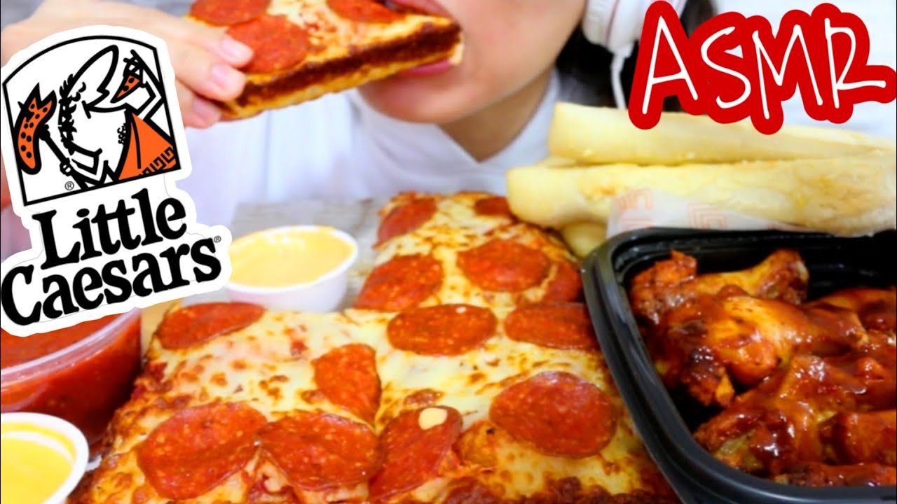 ASMR LITTLE CAESARS Pepperoni Cheese Pizza + Chicken Wings Mukbang ...