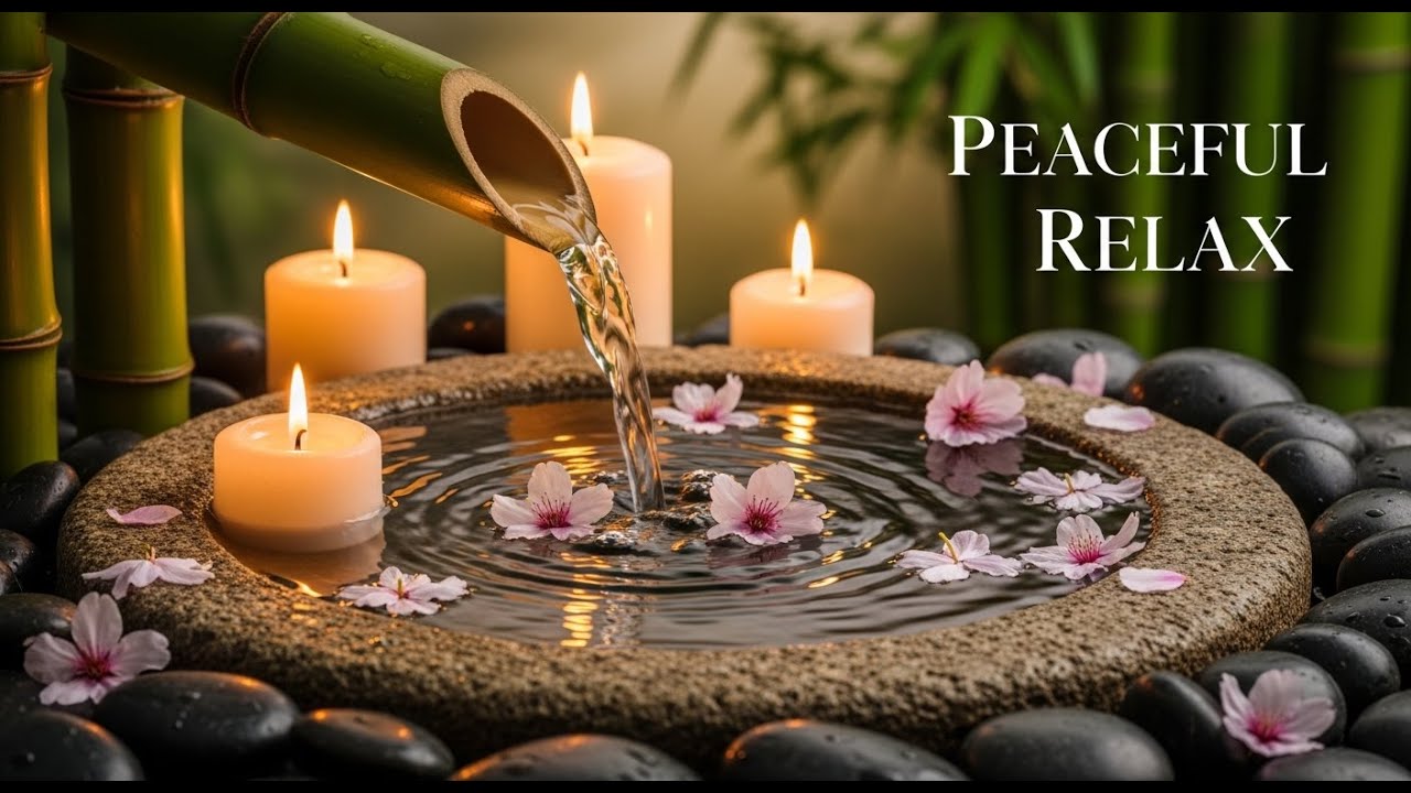 Calming Zen Meadow Flow Bamboo Fountain and Candle Glow for Meditation ...