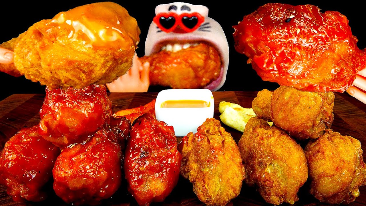ASMR MUKBANG :) Crispy Fried Chicken & Spicy Sweet Seasoned Chicken ...