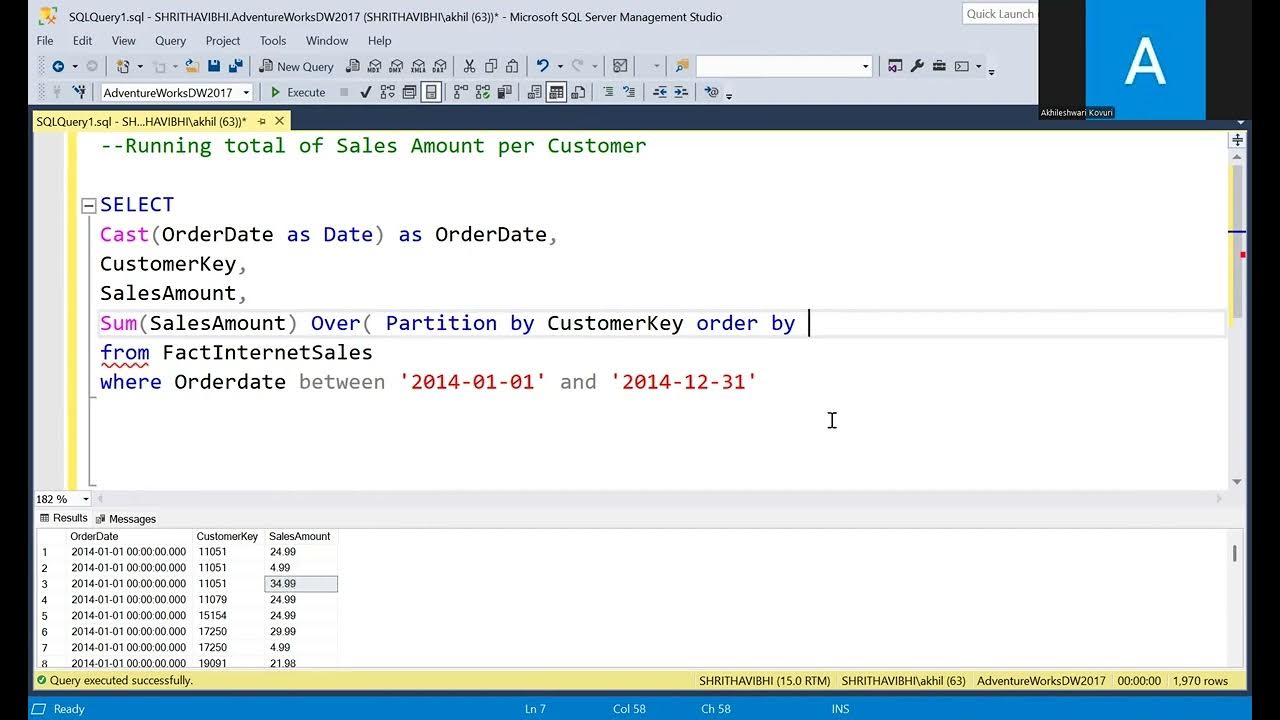SQL Window function| Partition By|How to calculate Running Total of Sales Amount - YouTube