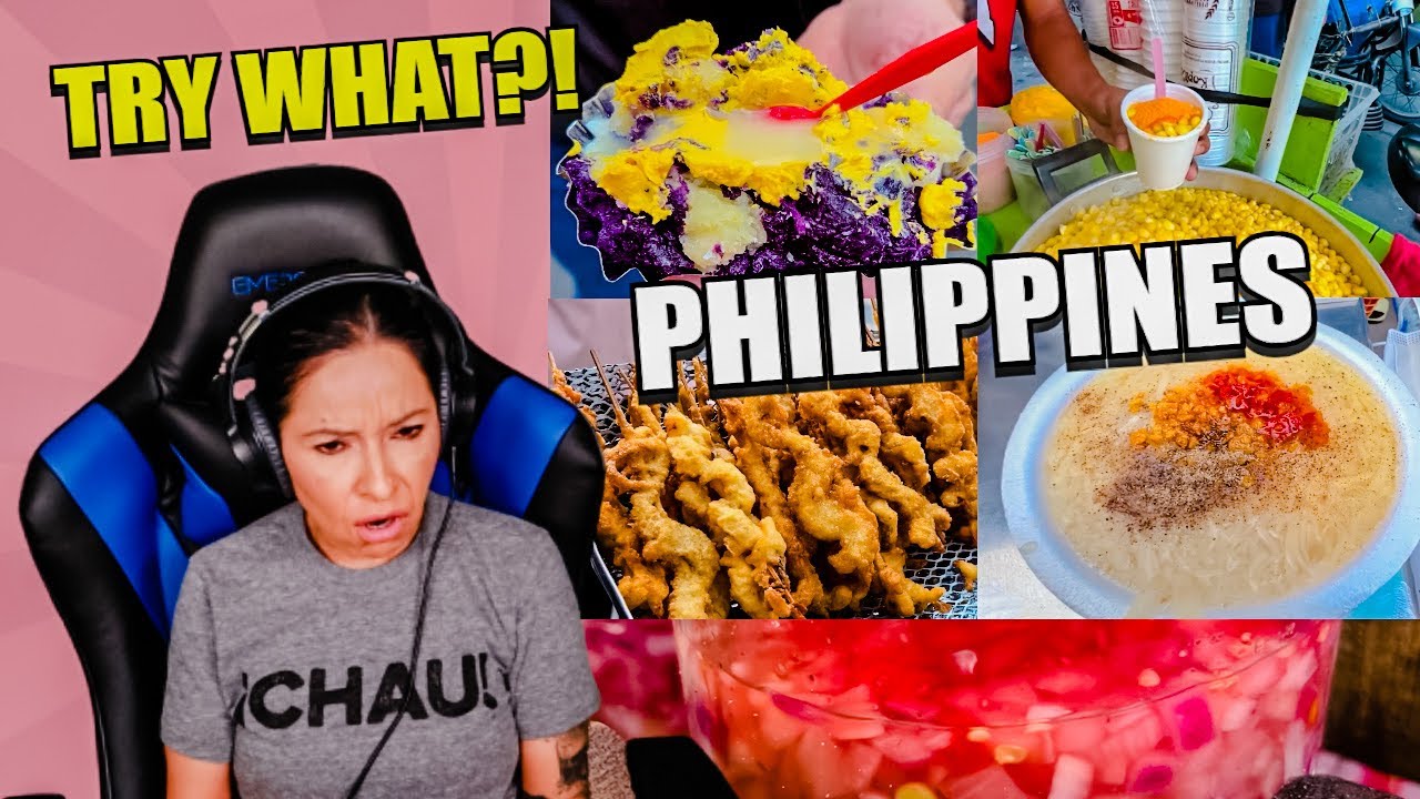 LATINA REACTS to FILIPINO STREET FOOD CHALLENGE in MANILA PHILIPPINES ...