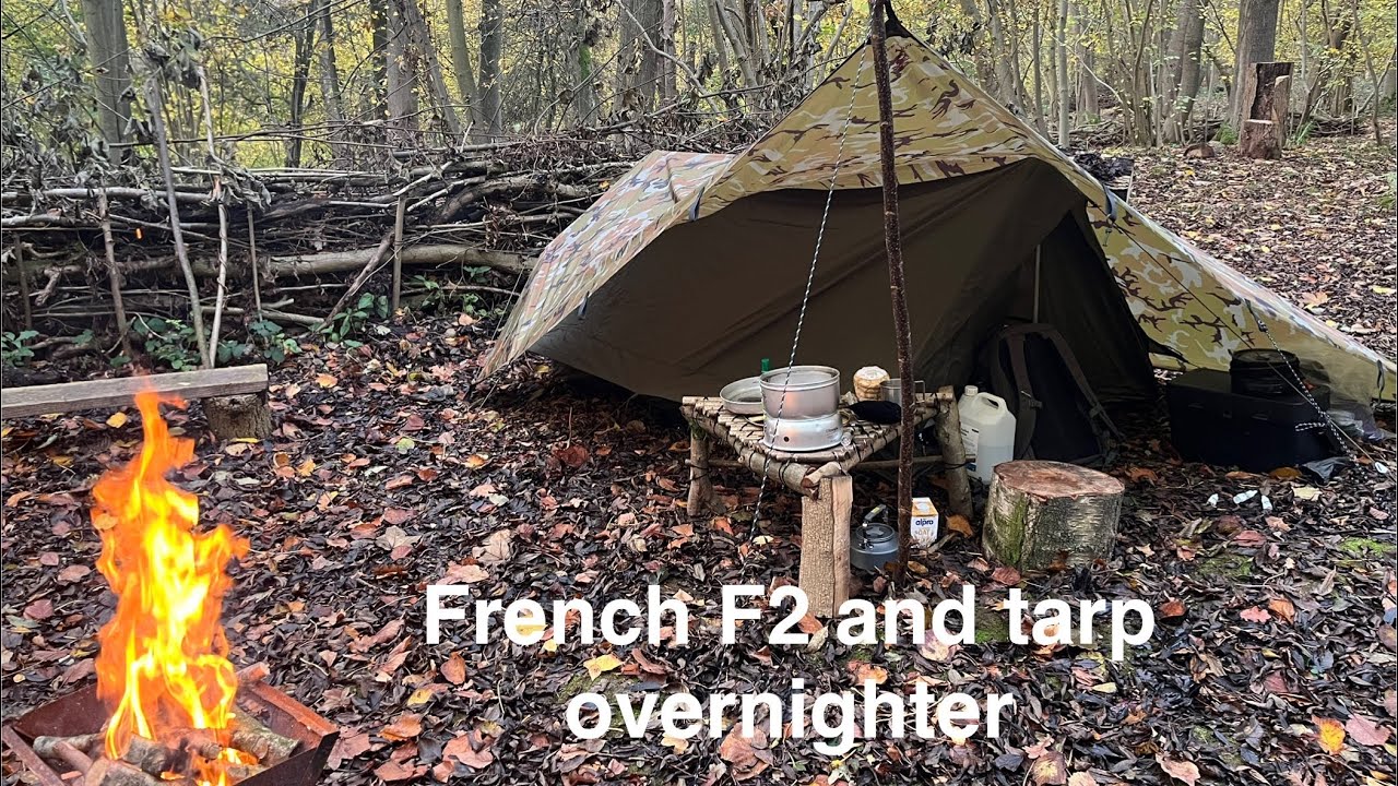 French F2 tent and tarp overnight camp - YouTube
