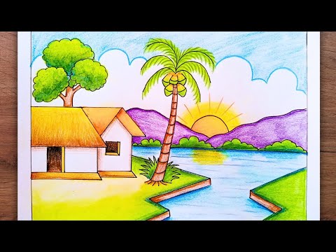 Natural scenery drawing with pencil colour|| how to draw a nature scene ...