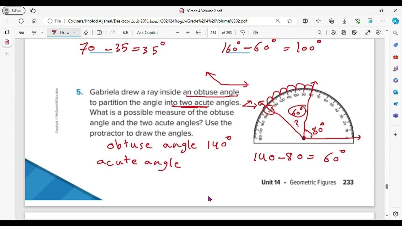 Reveal math grade 4 lesson 14.5 add and subtract angle measures - YouTube